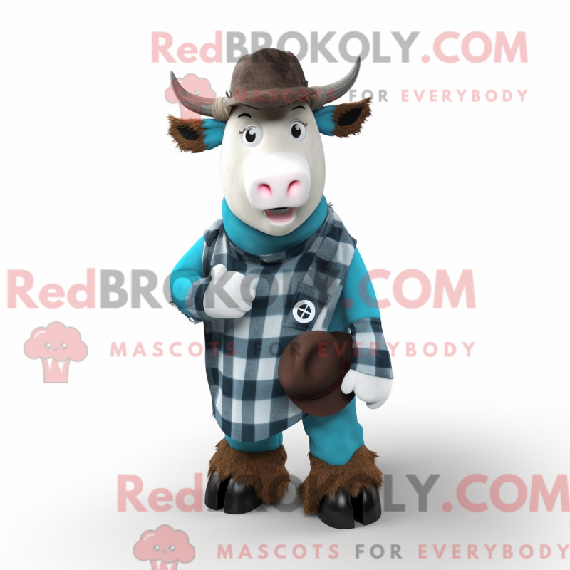 Cyan Hereford Cow mascot costume character dressed with a Flannel Shirt ...
