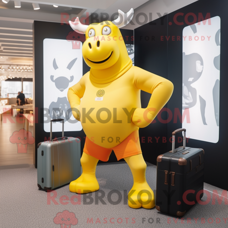 Yellow Bull mascot costume character dressed with a Yoga Pants and ...