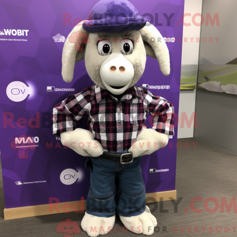 Purple Ram mascot costume character dressed with a Flannel Shirt and ...