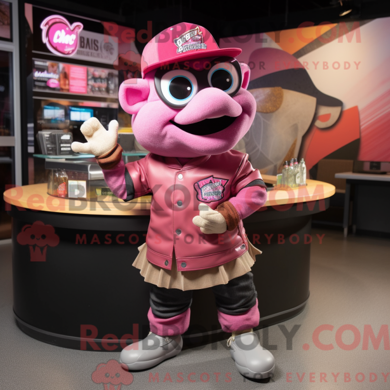 Pink Ceviche mascot costume character dressed with a Leather Jacket and ...