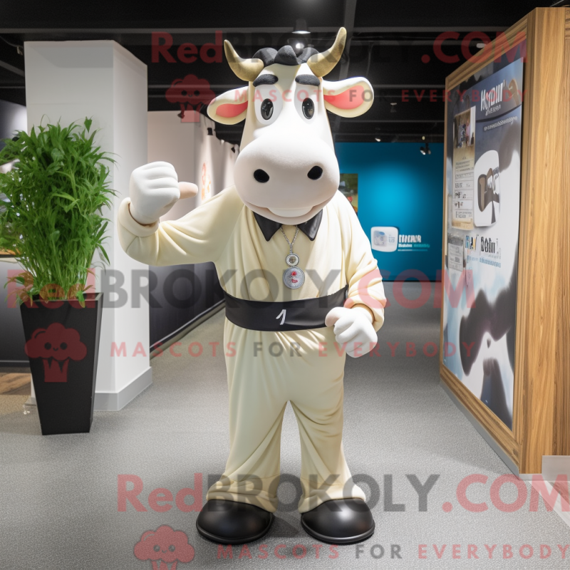 White Holstein Cow mascot costume character dressed with a Rash Guard ...