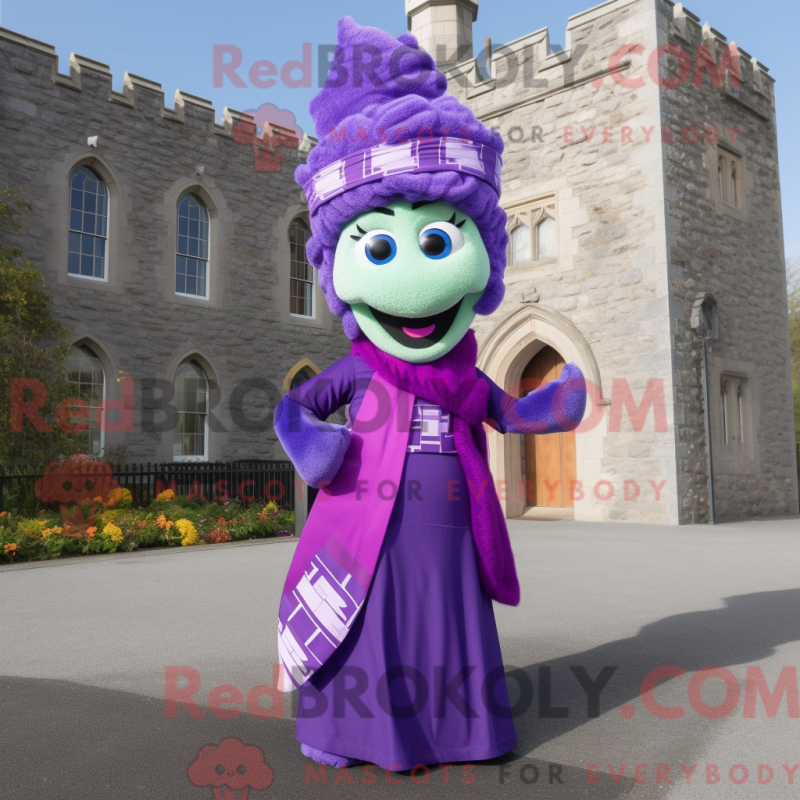 Purple Irish Castle mascot costume character dressed with a Skirt and ...