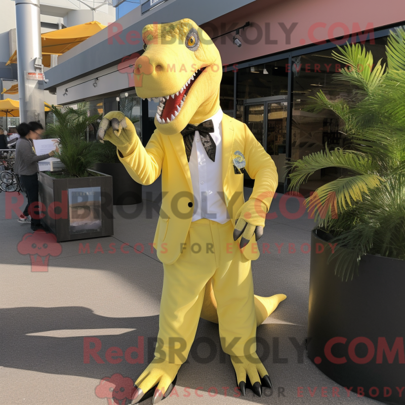 Lemon Yellow Allosaurus mascot costume character dressed with a Dress ...