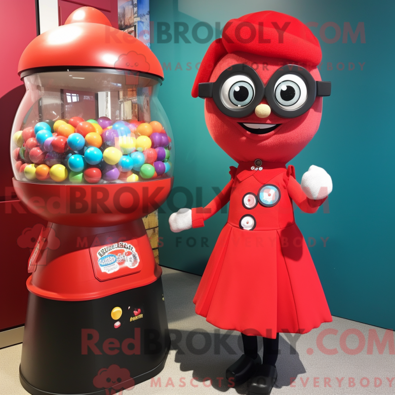 Red Gumball Machine mascot costume character dressed with a Mini Dress ...