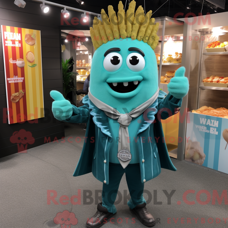 Personaje mascota de papas fritas verde azulado vestida con una ...