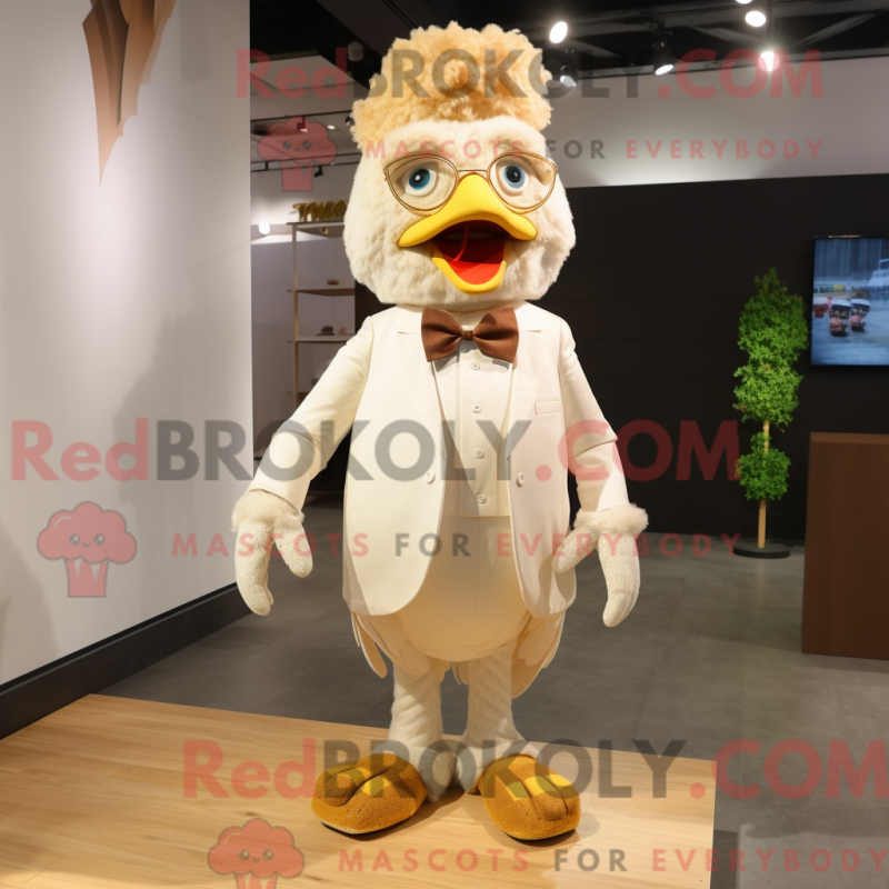 Personaje mascota de un pollo frito beige vestido con traje y pajaritas ...