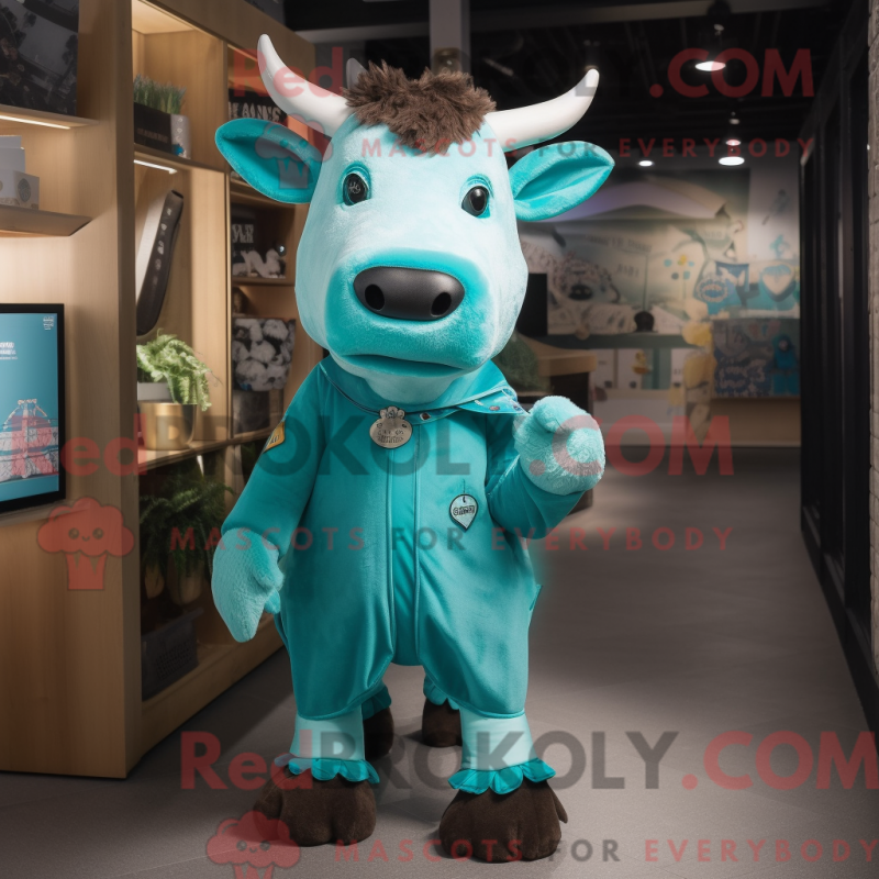 Personaje mascota de una vaca Hereford turquesa vestida con un mono y ...