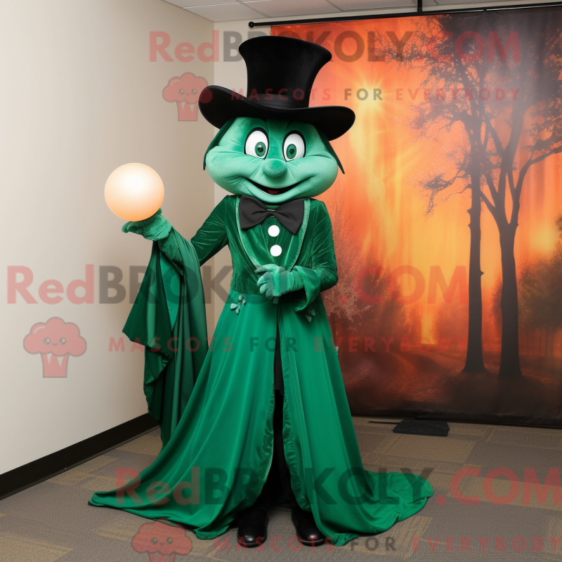 Personaje mascota de un mago verde bosque vestido con un traje de noche ...