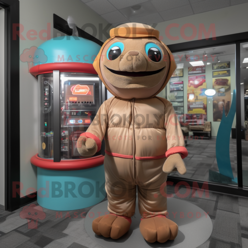 Tan Gumball Machine maskot kostym karaktär klädd med en turtleneck och ...