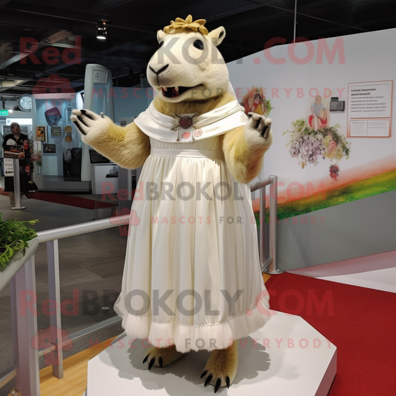 Costume de mascotte de capybara crème personnage habillé d'une robe de ...