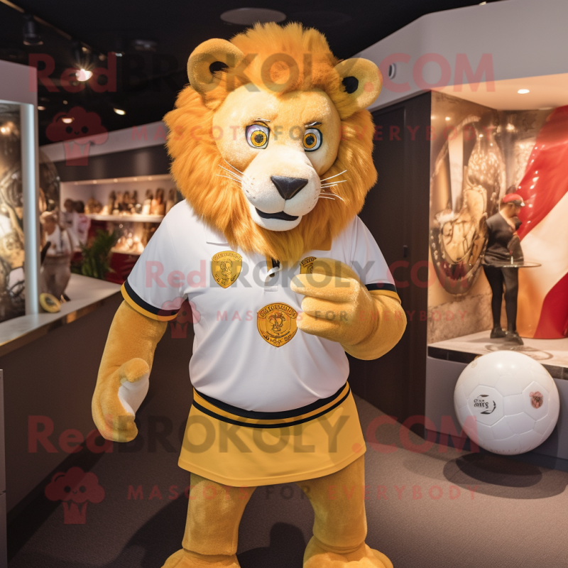 Gold Lion mascot costume character dressed with a Rugby Shirt and Ties ...