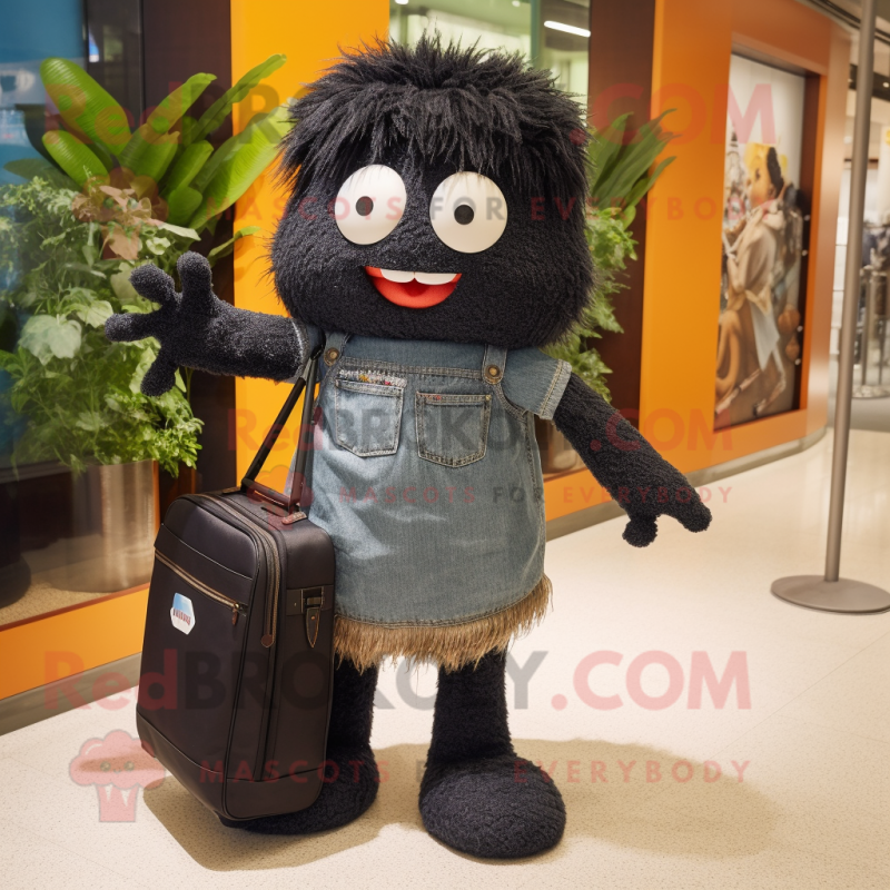 Black Fried Rice mascot costume character dressed with a Denim Shorts ...