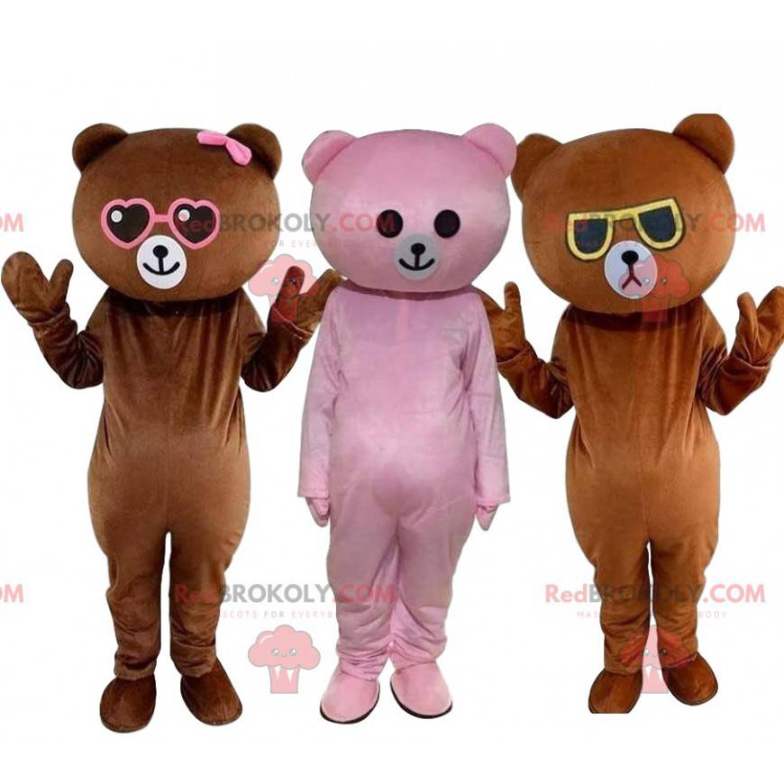 3 colorful teddy mascots, bear costume, teddy