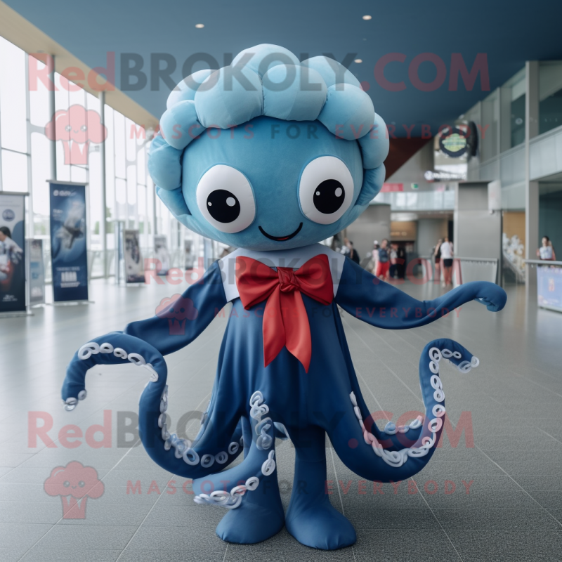 Navy Octopus Mascot Costume Character Dressed With A Dress And Hairpins