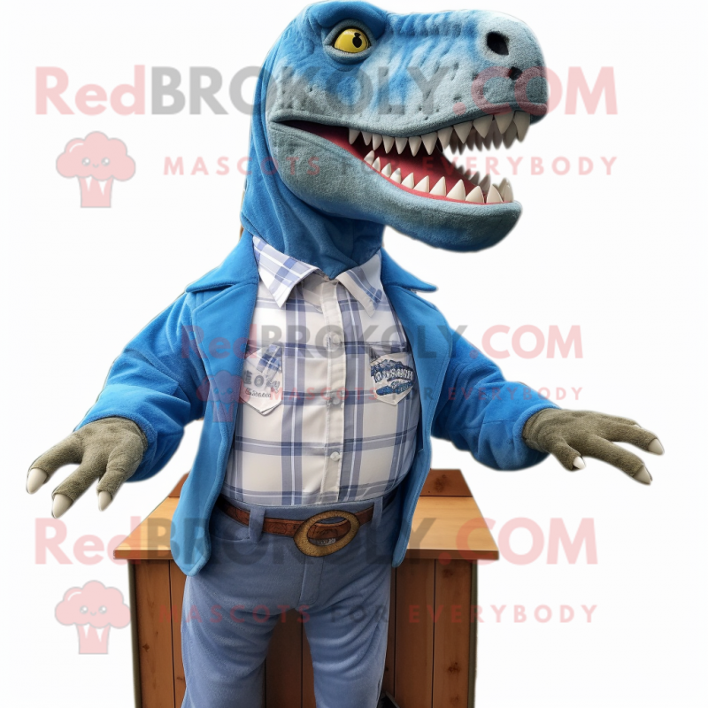 Sky Blue Allosaurus mascot costume character dressed with a Flannel ...
